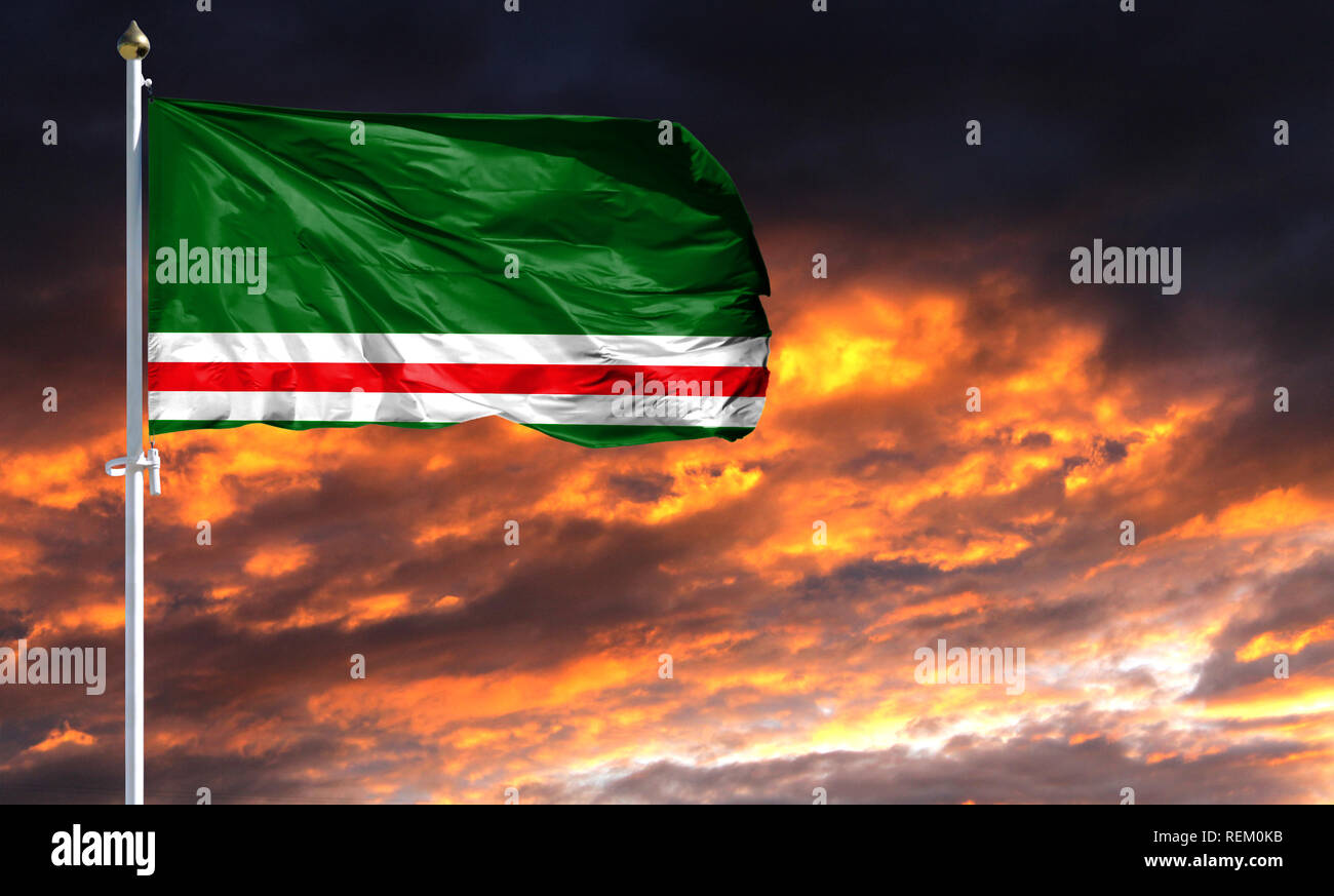 flag of Chechen Republic of Ichkeria on flagpole fluttering in the wind ...