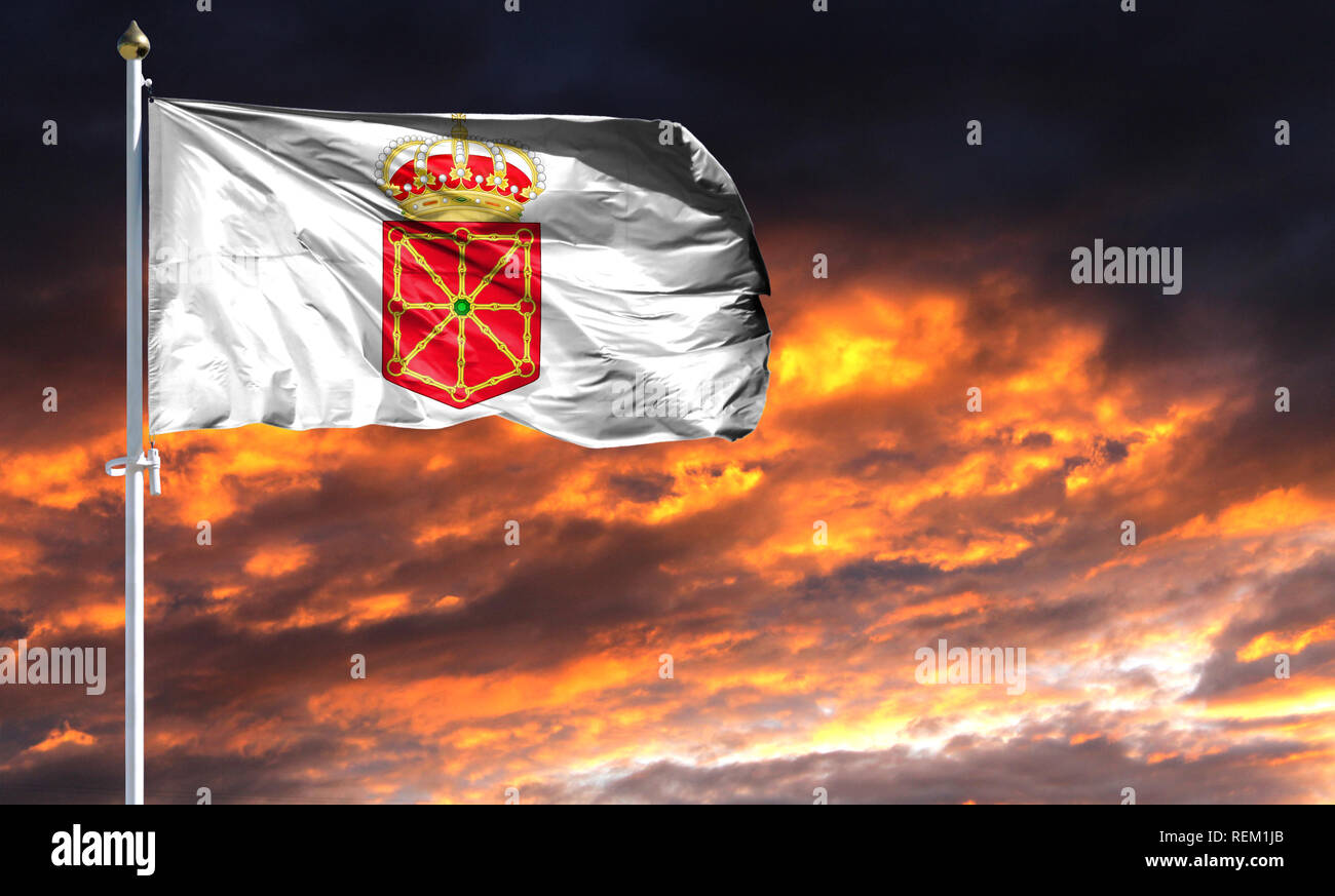 flag of Navarra coat of arms on flagpole fluttering in the wind against ...