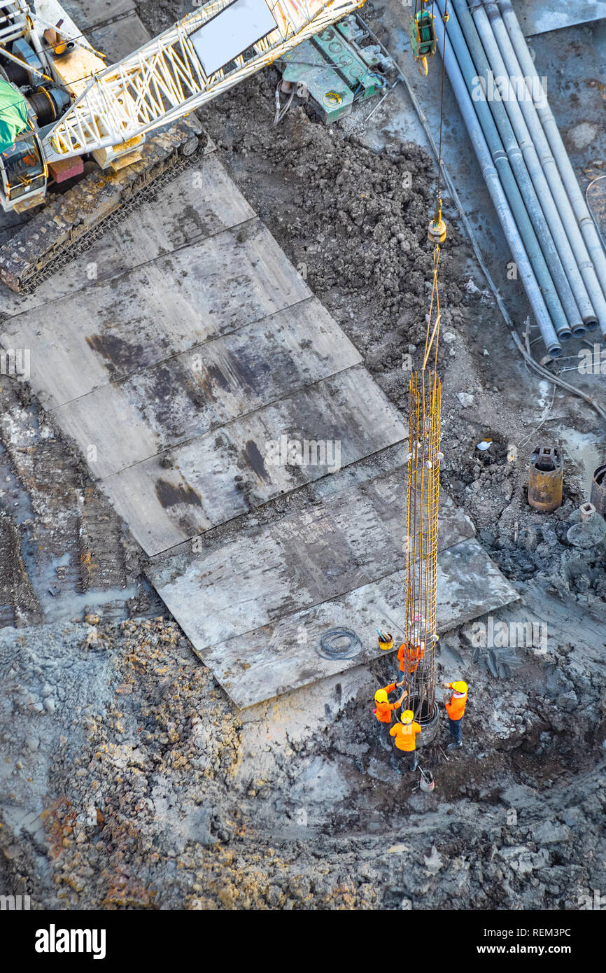 Aerial view of concrete bored pile foundation work on a construction ...