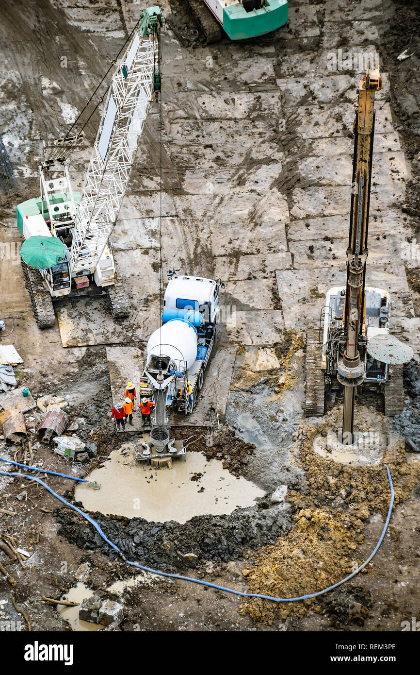 Aerial view of concrete bored pile foundation work on a construction ...