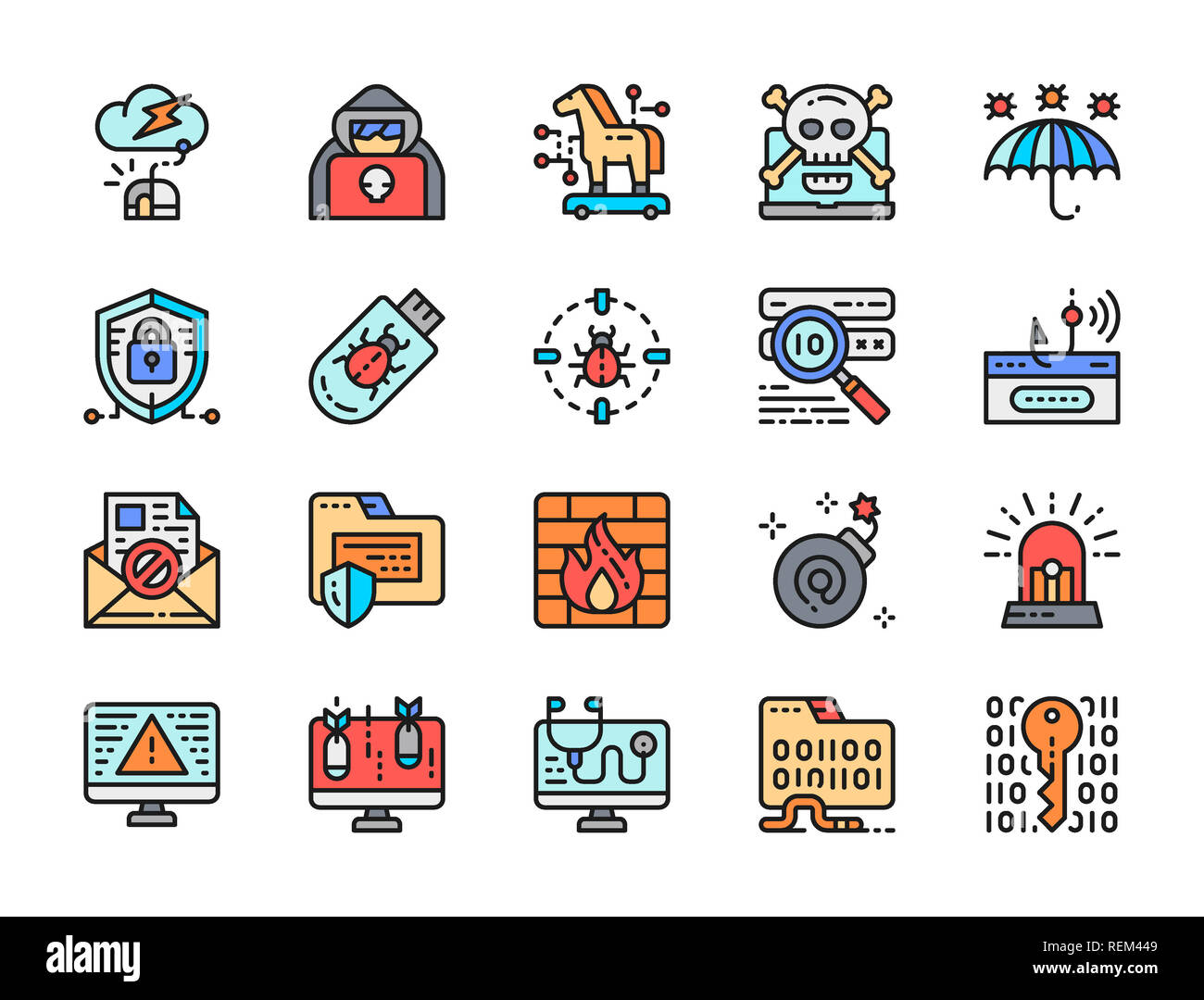 Set of hacking and cyber security flat color line icons. Hacker attack ...