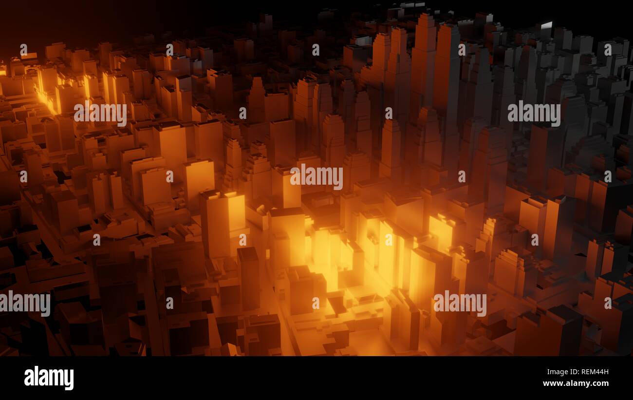 3d city with bright red flashes on a dark background Stock Photo - Alamy