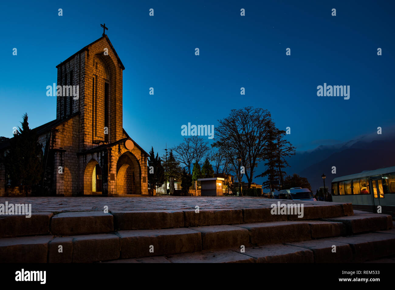 ancient stone church of sapa with blue night sky most popular traveling ...