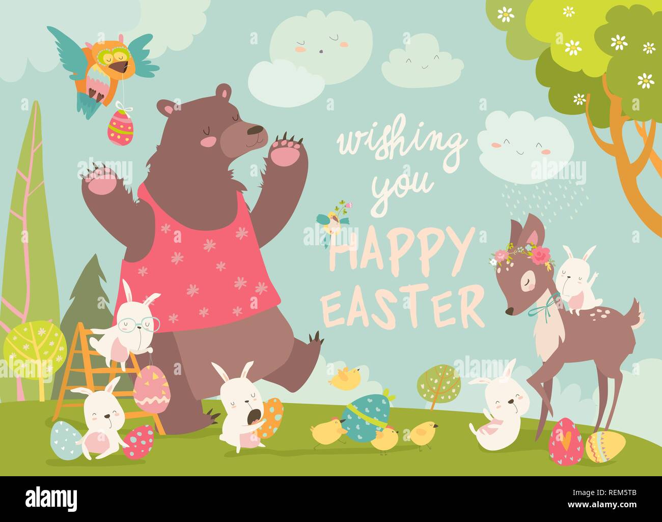 Cute bear,happy rabbits and little deer celebrating Easter Stock Vector ...