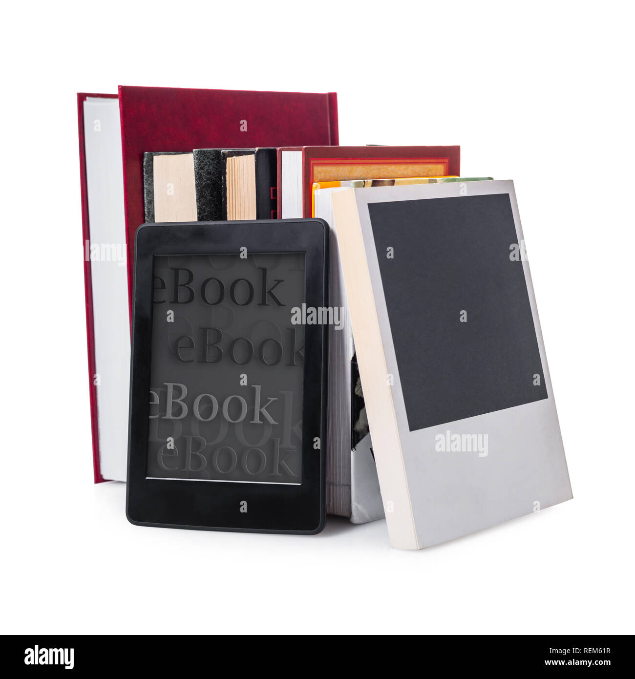 electronic and paper books on white isolated background Stock Photo - Alamy