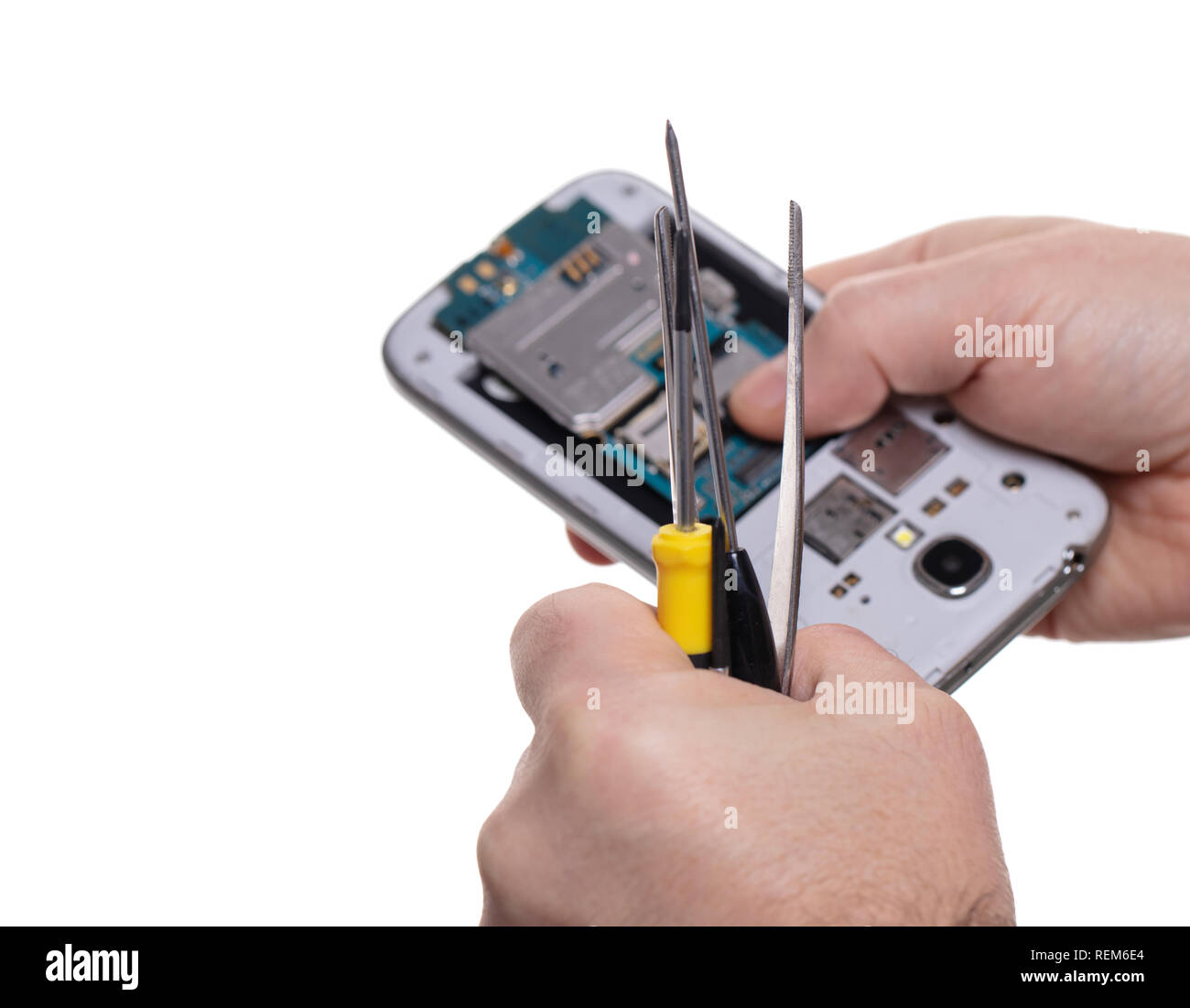 mobile phone repair, hands closeup on a white isolated background Stock ...