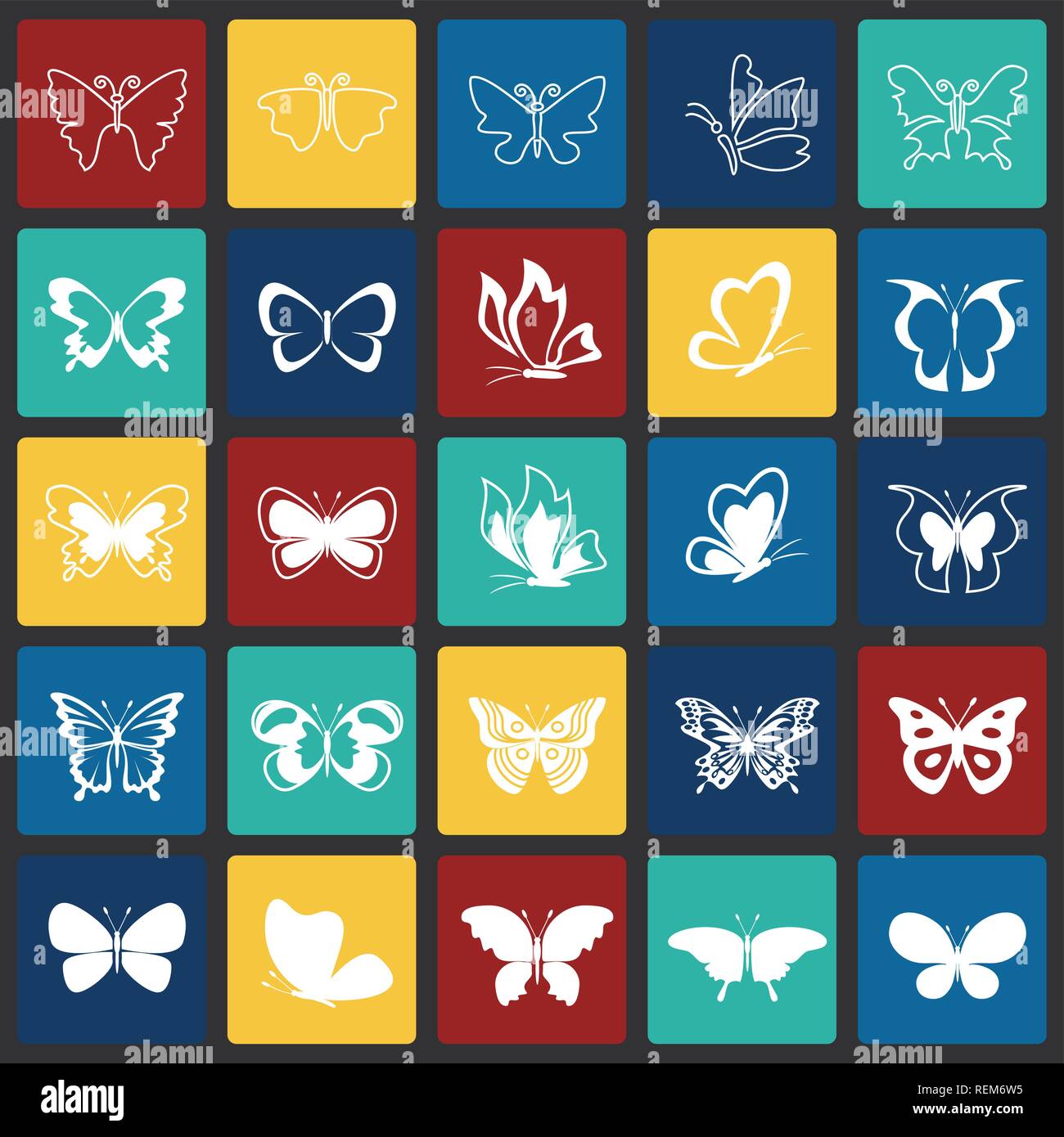 Butterfly icons set on color squares black background for graphic and ...
