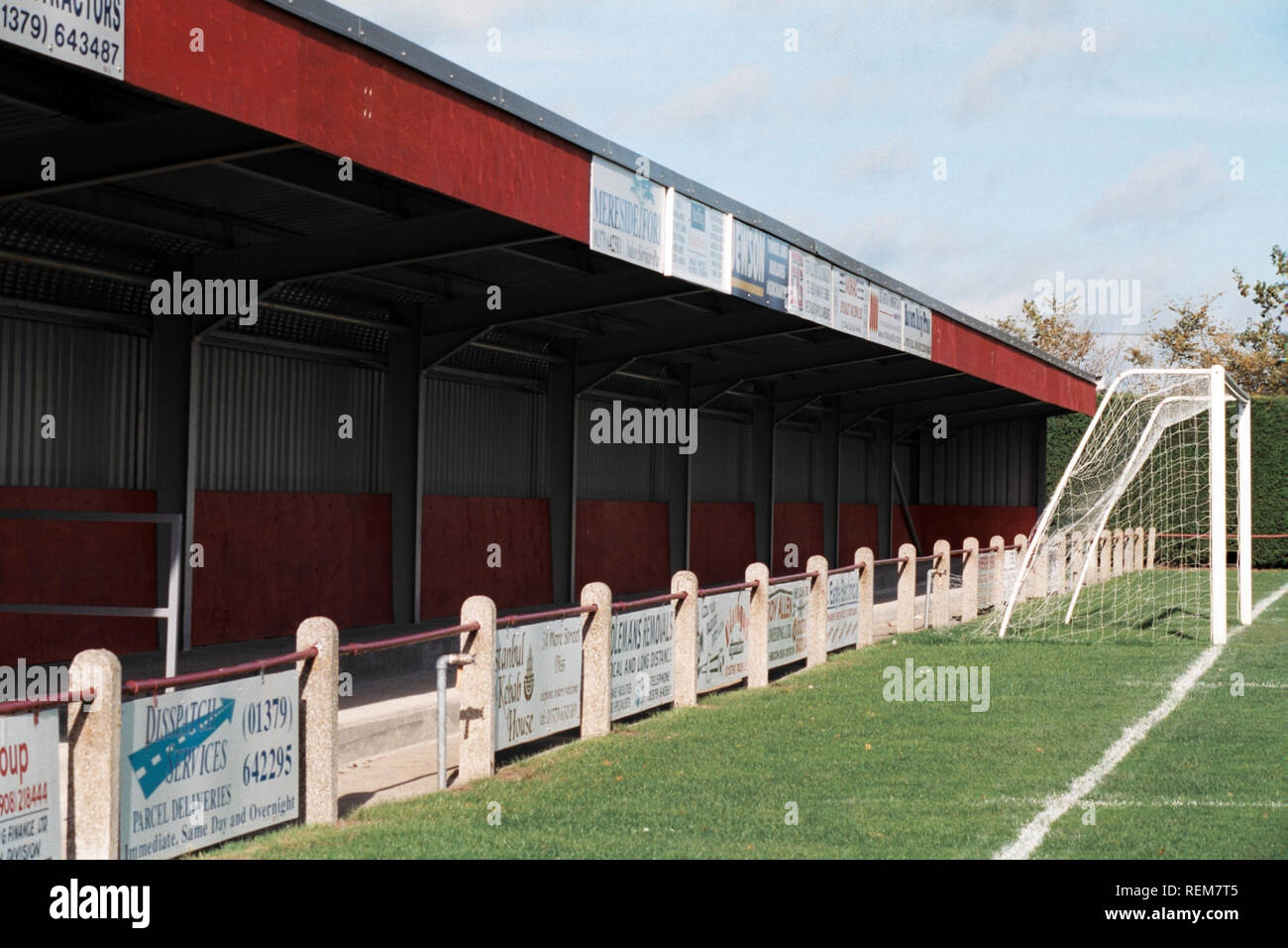 Covered terrace at Diss Town FC Football Ground, Brewers Green Lane ...