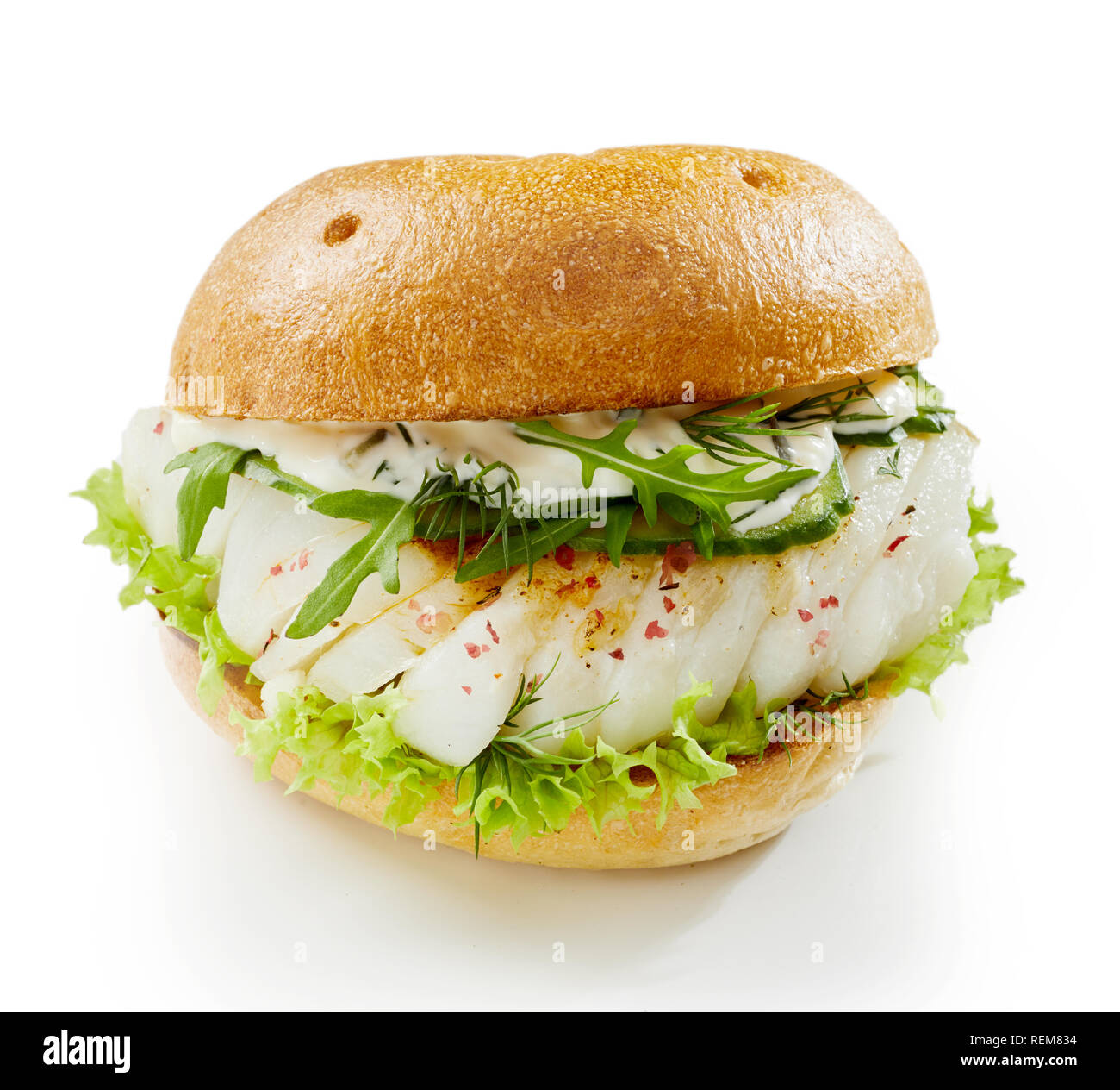Healthy fish burger with rocket and mayonnaise seasoned with spice and ...
