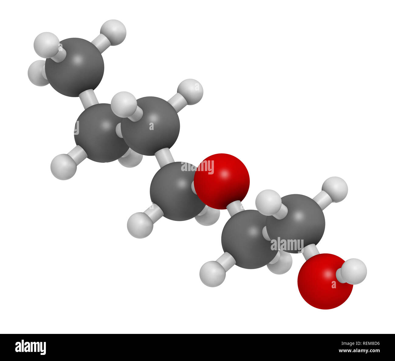 2-Butoxyethanol solvent and surfactant molecule. 3D rendering. Atoms ...