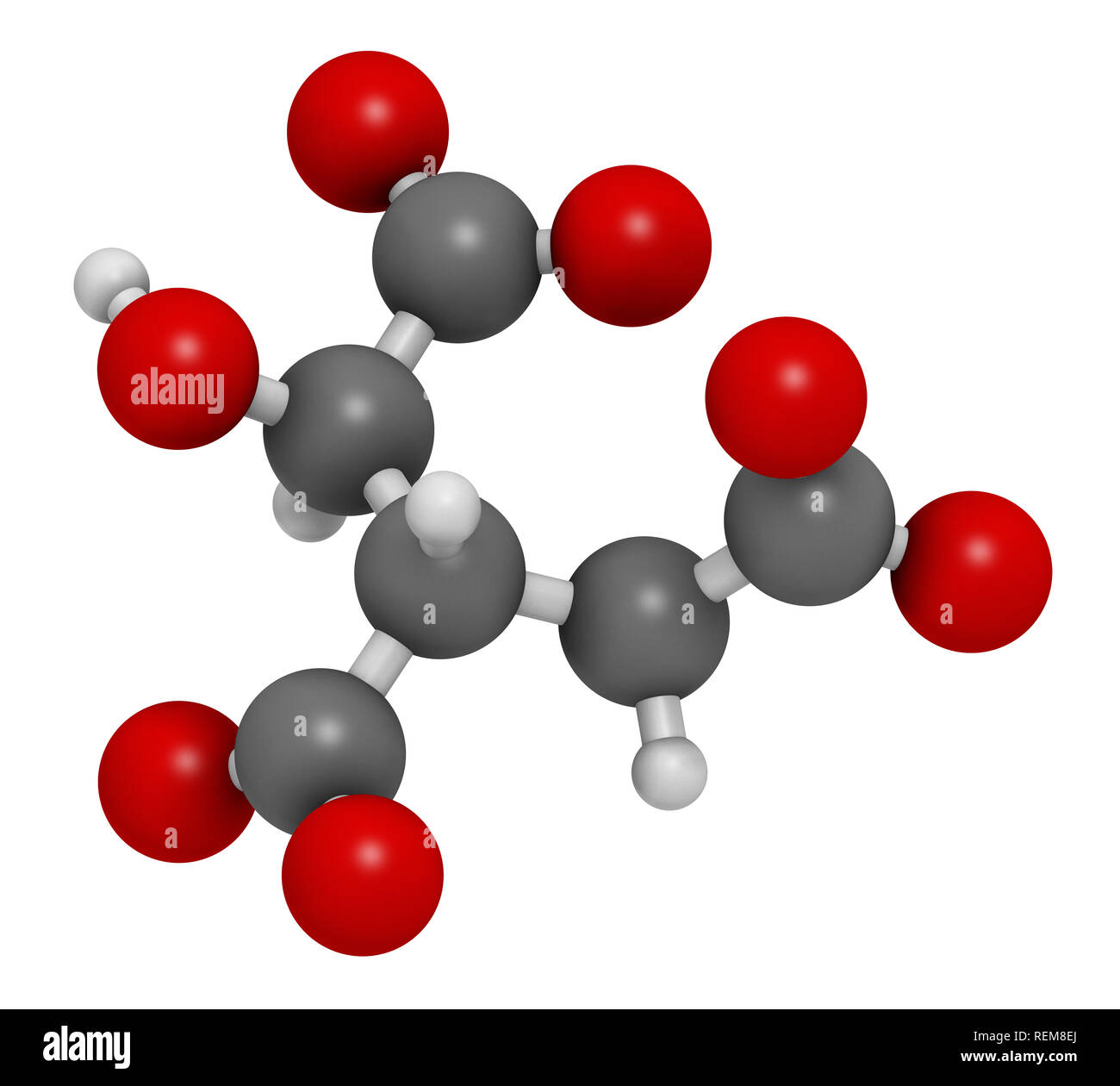 Isocitric acid molecule. 3D rendering. Atoms are represented as spheres ...