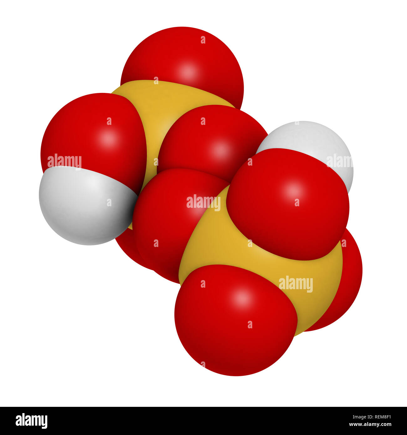 Peroxydisulfuric acid oxidizing agent molecule. 3D rendering. Atoms are ...