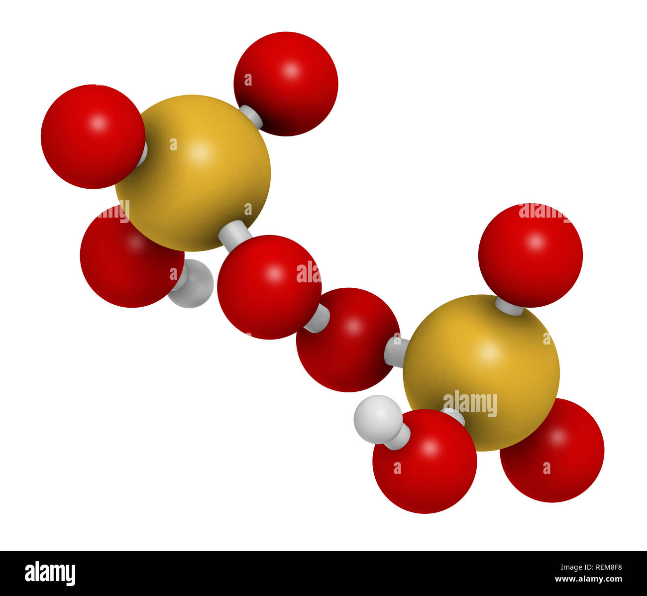 Peroxydisulfuric acid oxidizing agent molecule. 3D rendering. Atoms are ...