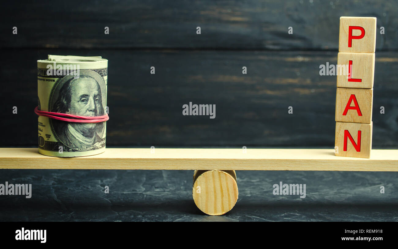 Dollars and word plan are on the scales. Financial and budget planning ...