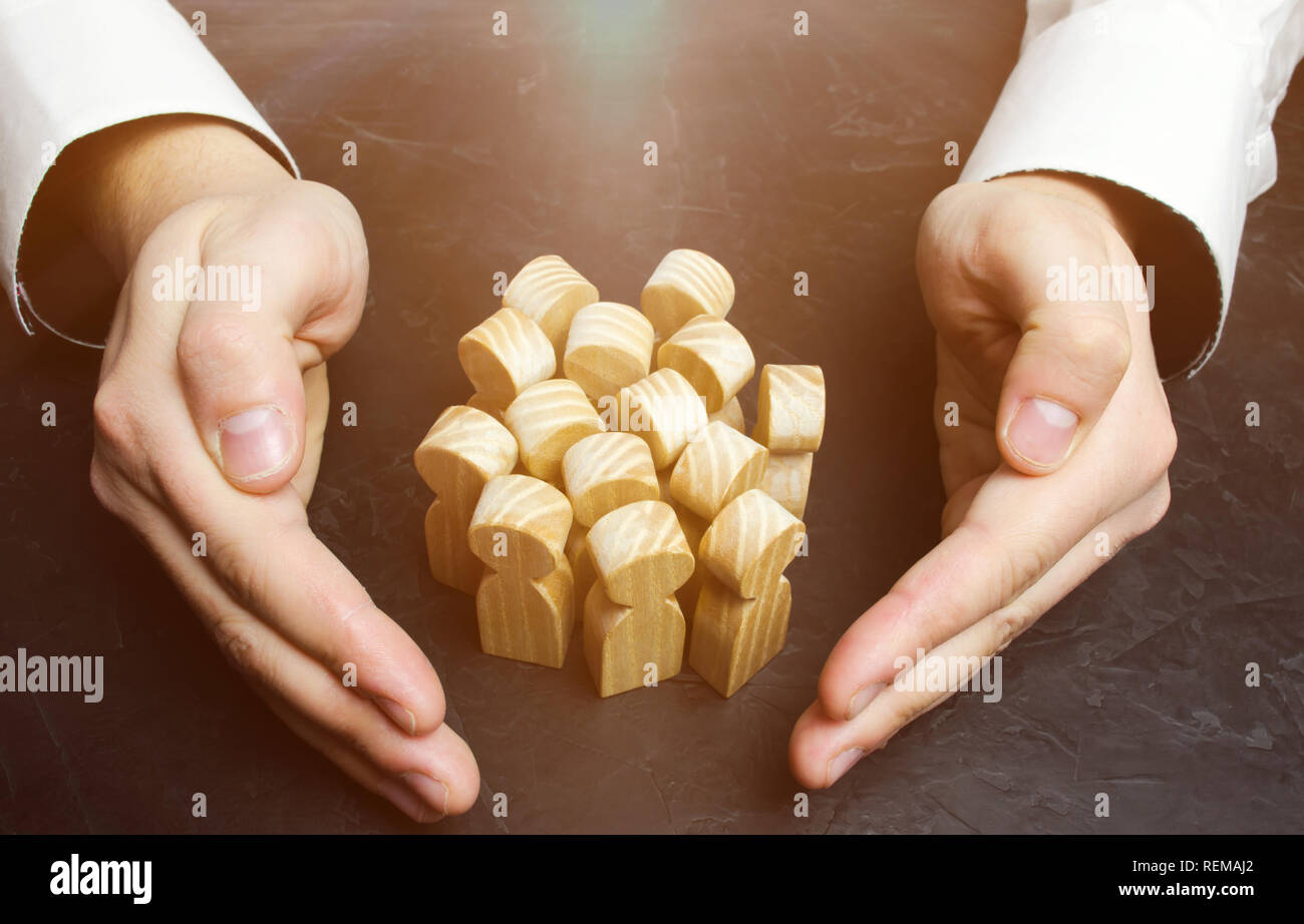 Boss defending his team with a gesture of protection. Life insurance ...