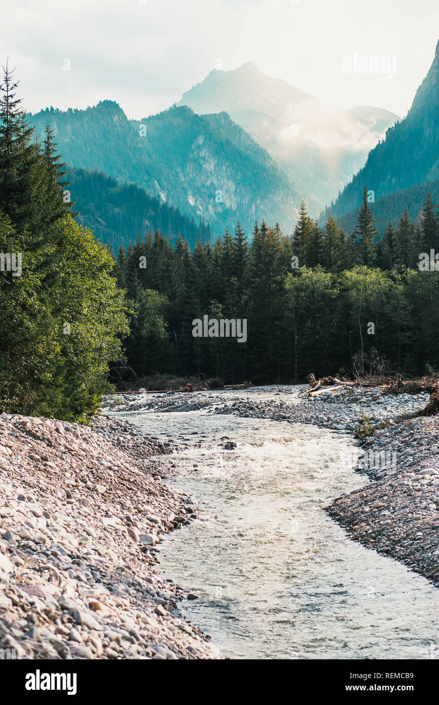 Mountain river valley landscape. Natural scenery of the mountain stream ...