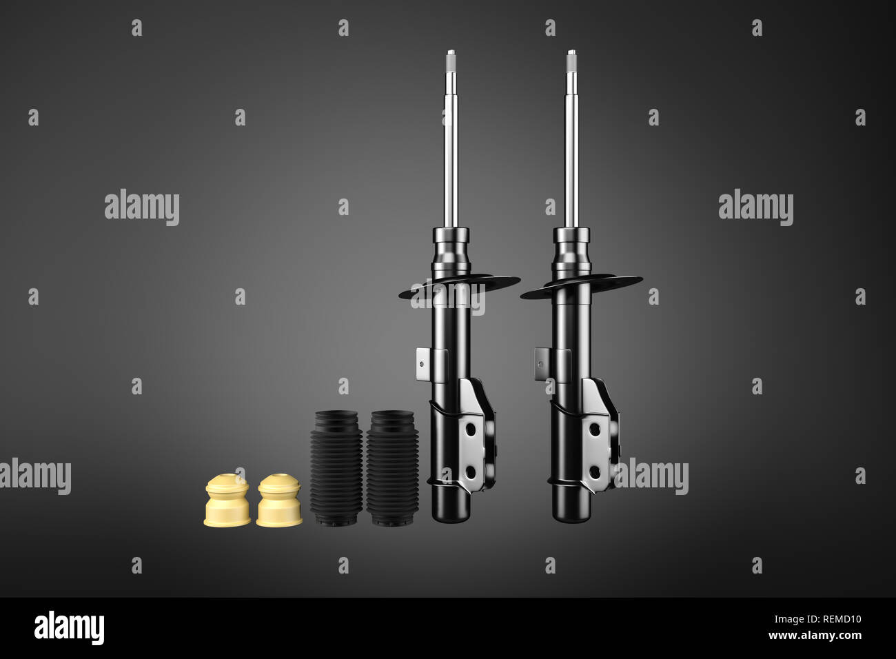 3D rendering. Passenger car Shock Absorber, new auto parts, spare parts ...