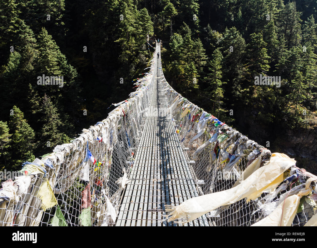 Suspension bridge with prayer flags, Sagarmatha National Park, Nepal ...