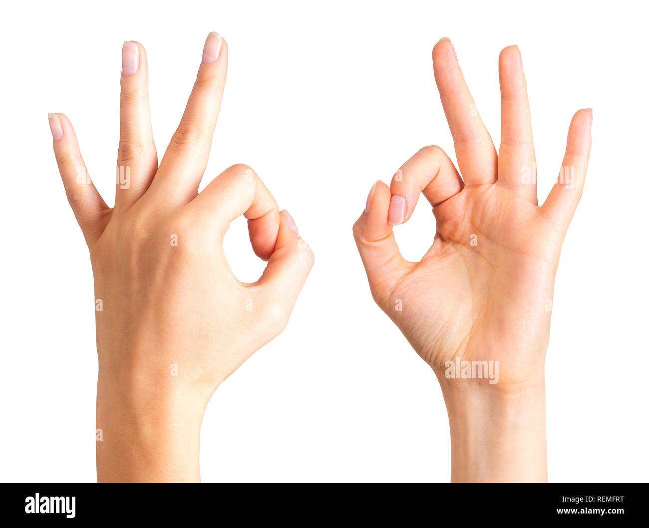 Set of woman hands holding gesture of okay or letter O. Sign of success ...