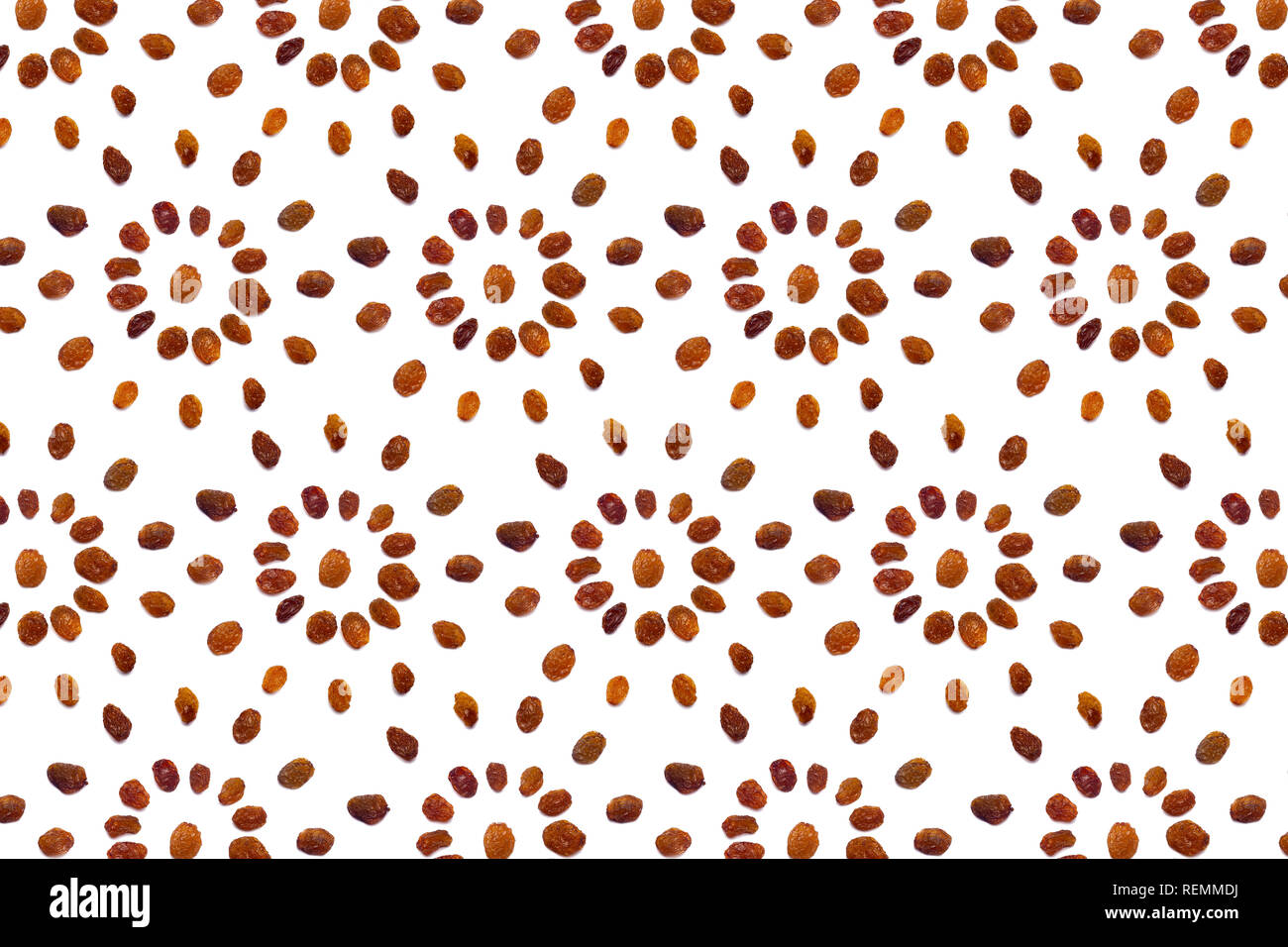 Pattern of brown raisins on a white background in the form of a circle ...