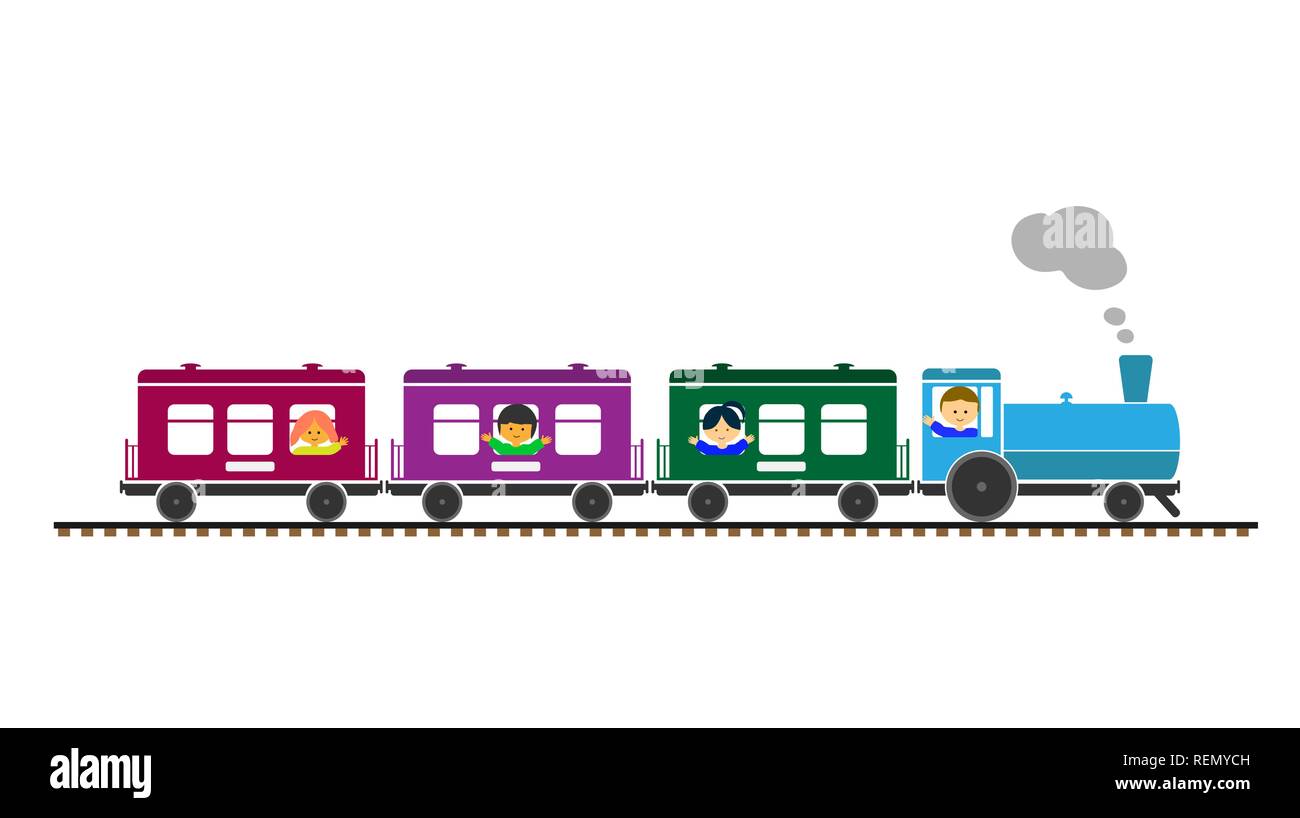 Simple colored children's train with a locomotive, carriages and ...