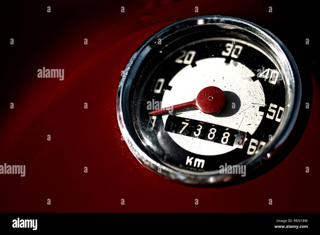 Retro speedometer of a red moped. Moped tachometer or odometer with ...