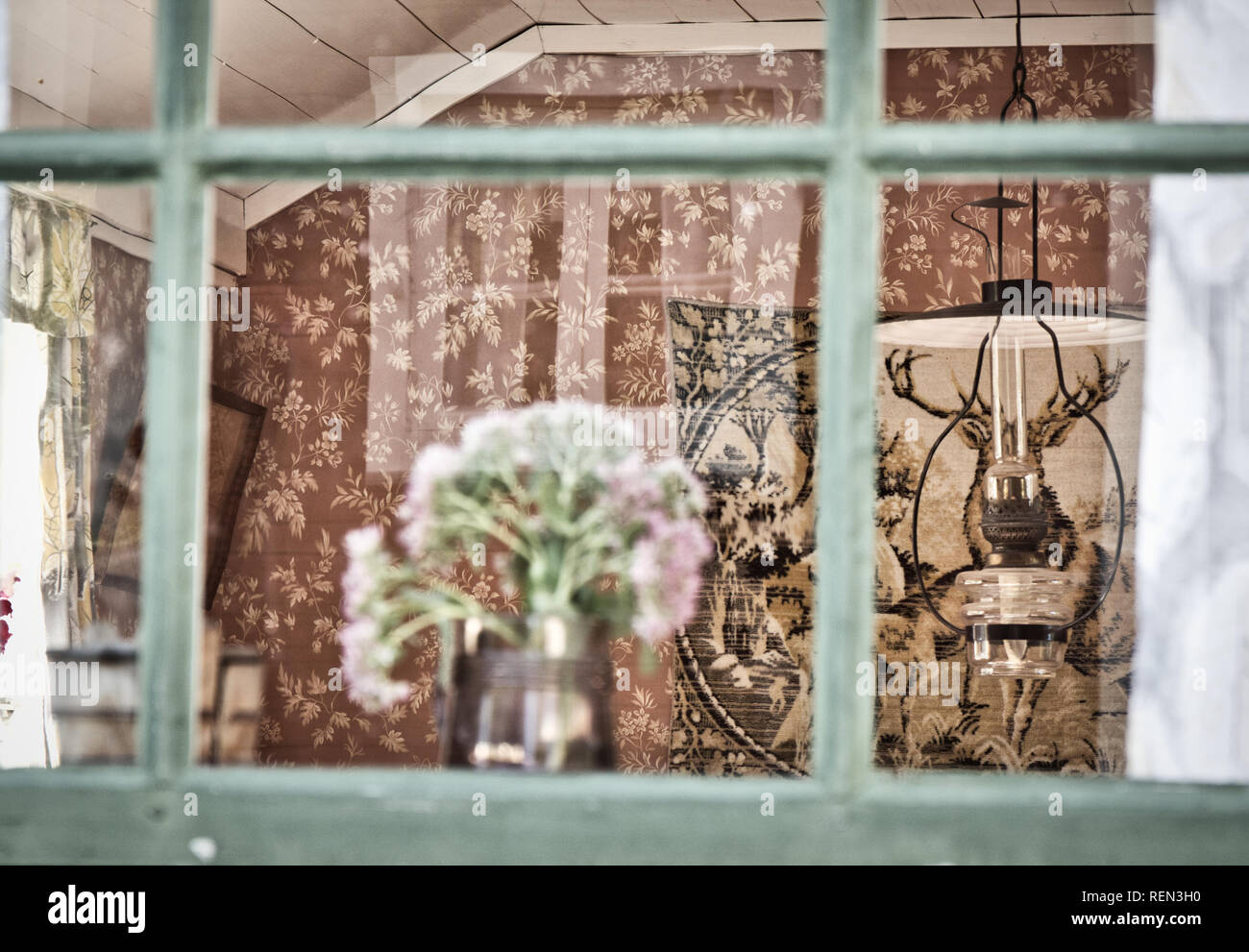 View through window of 1940's allotment cottage, Skansen open-air ...