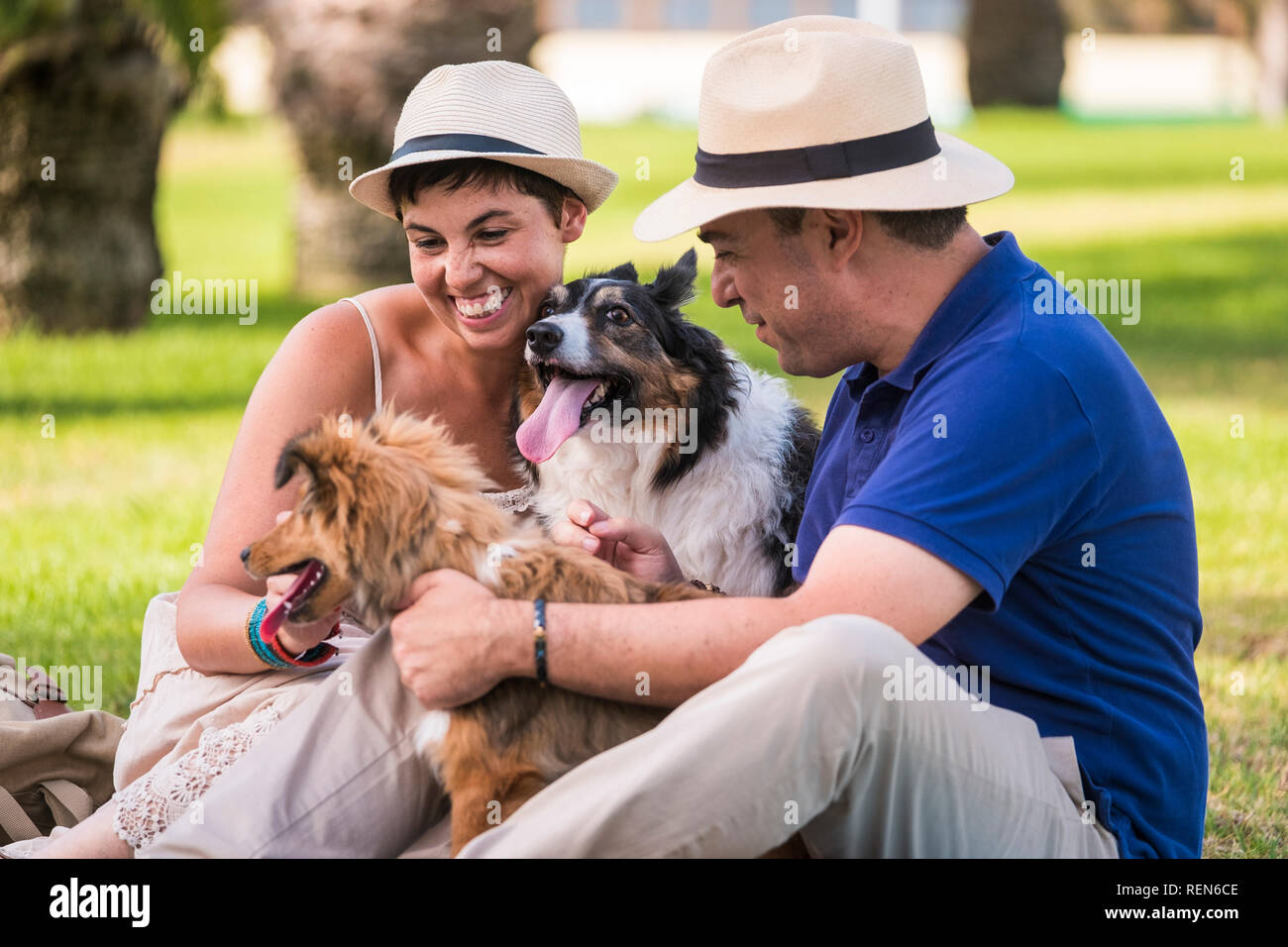 Happy couple animal dogs lover enjoy the leisure activity together in ...