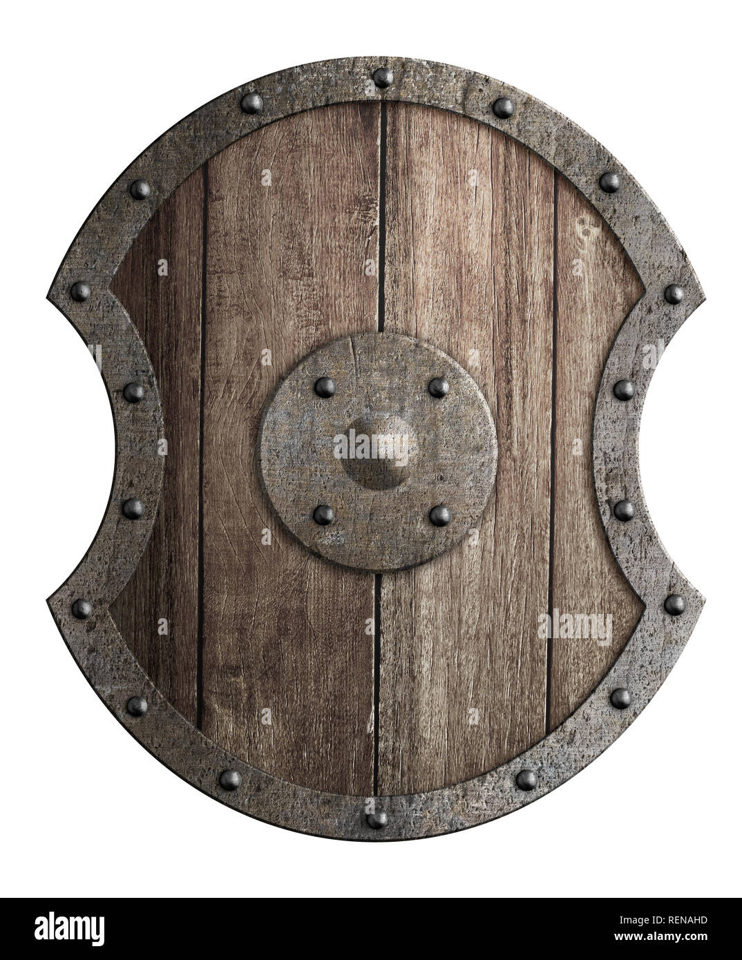 Round wooden shield with metal frame isolated 3d illustration Stock ...