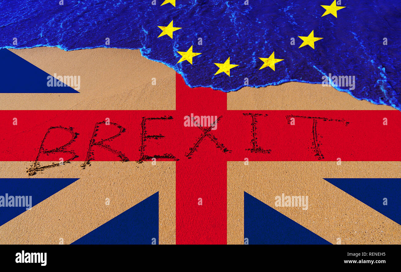 Handwrite text Brexit on sand coastline and wave with EU flag pattern ...