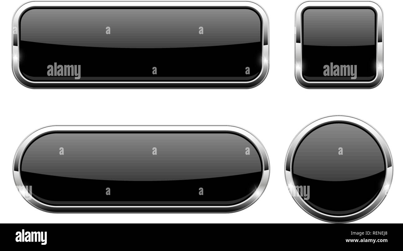 Black glass 3d buttons. With chrome frame. Set of web icons Stock ...