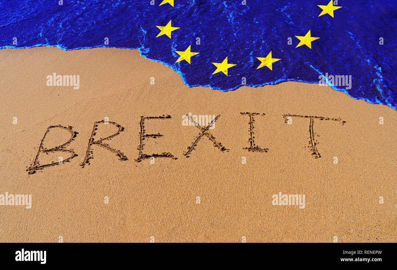 Handwrite text Brexit on sand coastline and wave with EU flag pattern ...