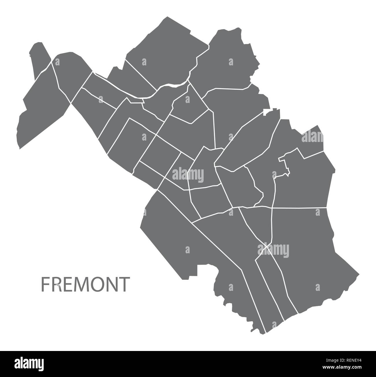 Fremont California city map with neighborhoods grey illustration ...