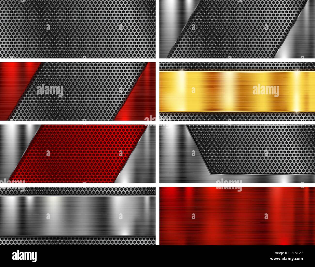 Metal backgrounds. Set of perforated and brushed iron textures Stock ...