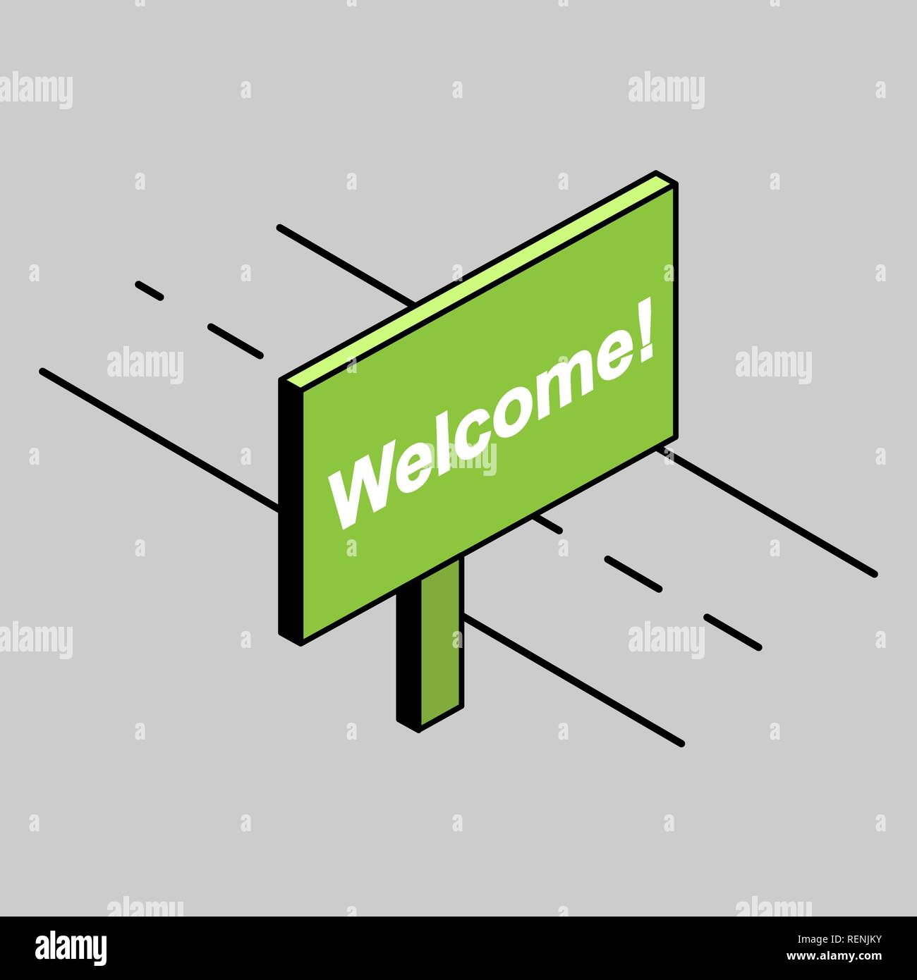 Simple drawing. There is a billboard on the road with the words Welcome ...