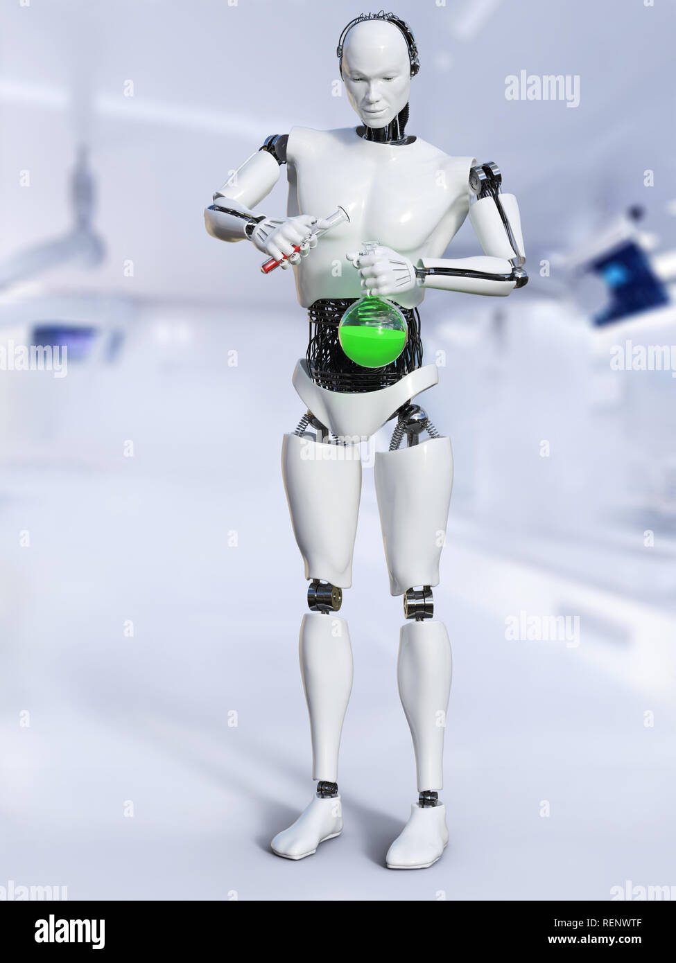 3D rendering of a male robot working in a laboratory, doing a science ...