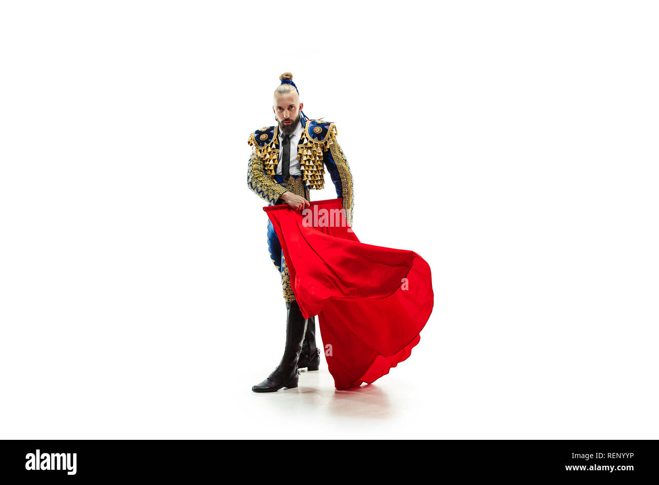Torero in blue and gold suit or typical spanish bullfighter isolated ...