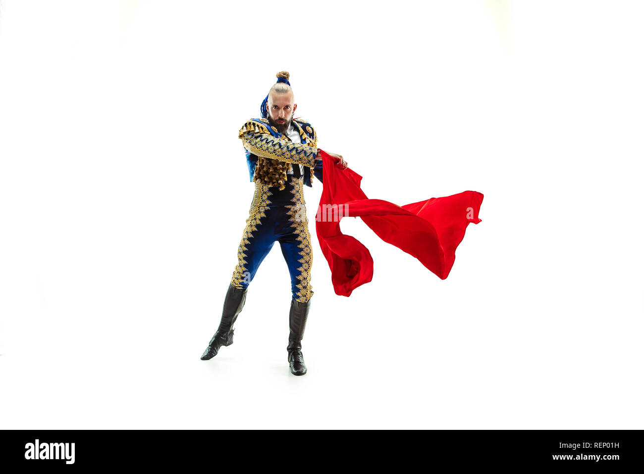 Torero in blue and gold suit or typical spanish bullfighter isolated ...