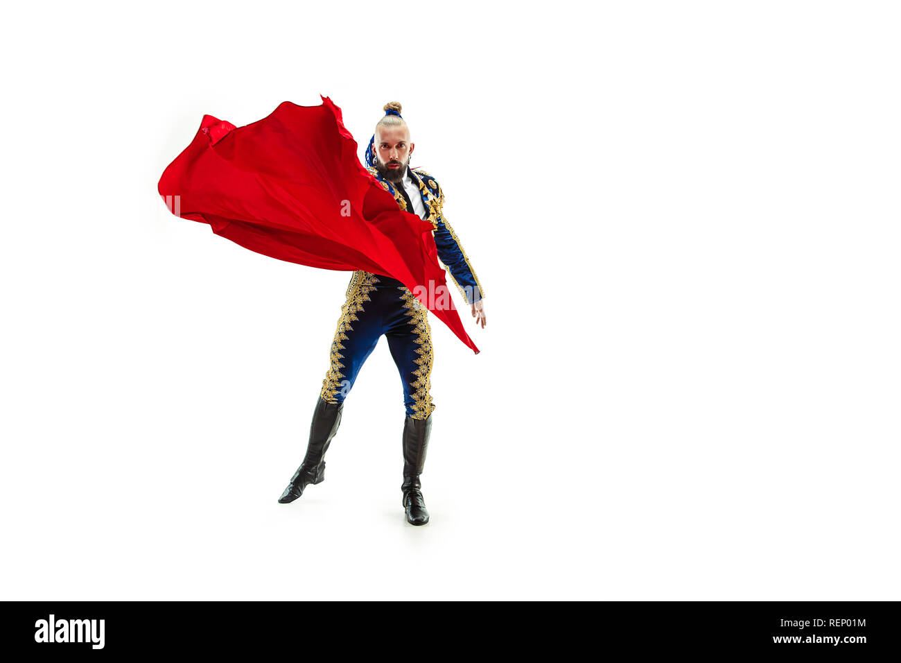 Torero in blue and gold suit or typical spanish bullfighter isolated ...