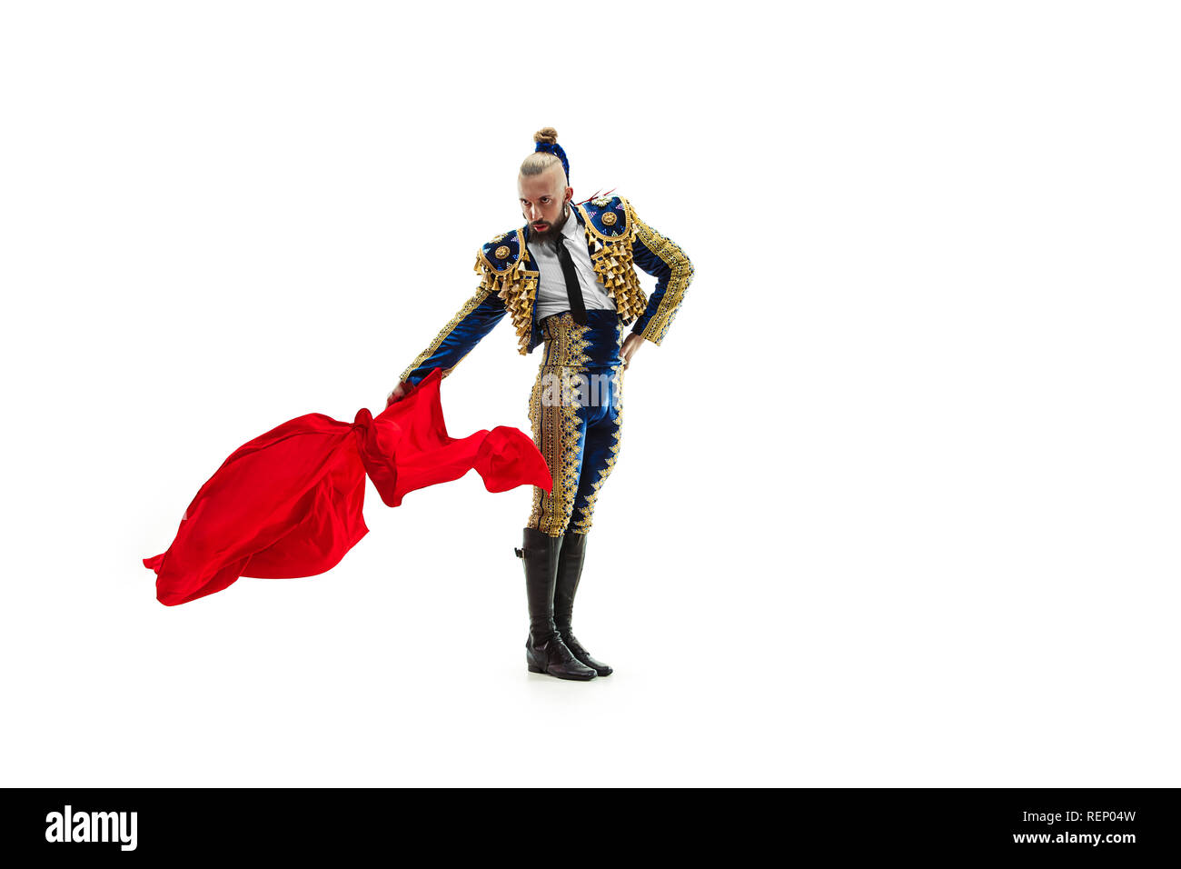 Torero in blue and gold suit or typical spanish bullfighter isolated ...