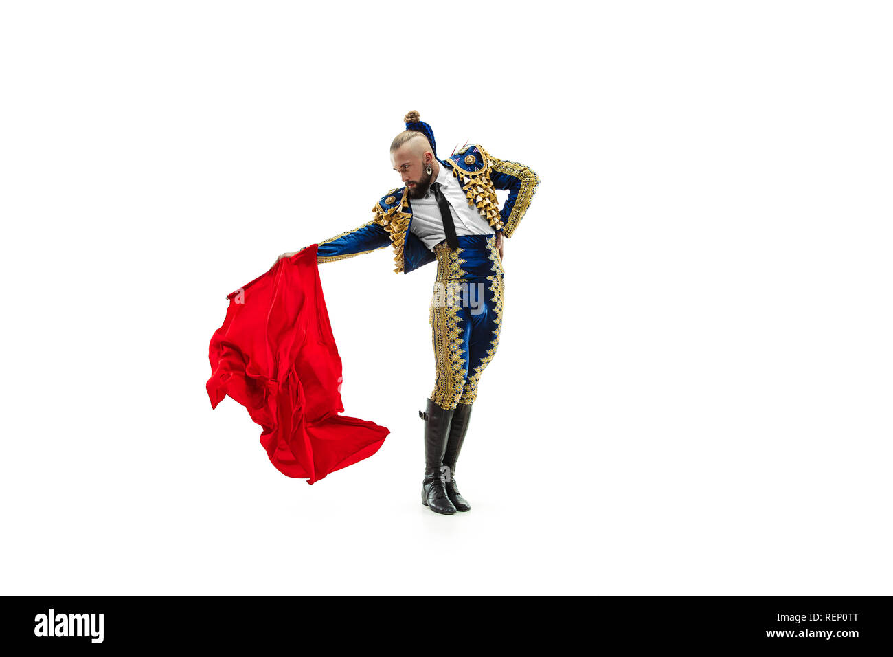 Torero in blue and gold suit or typical spanish bullfighter isolated ...