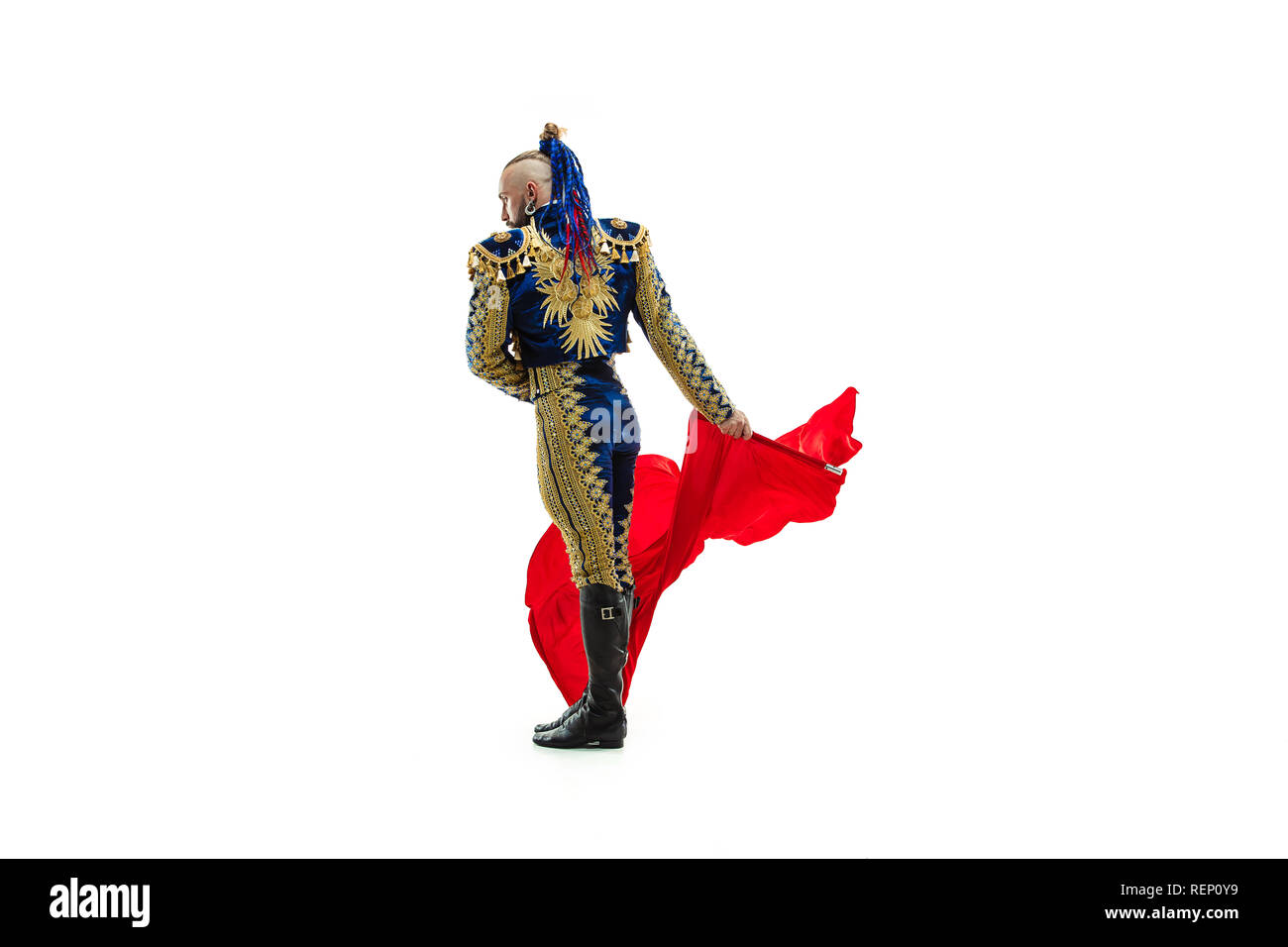 Torero in blue and gold suit or typical spanish bullfighter isolated ...