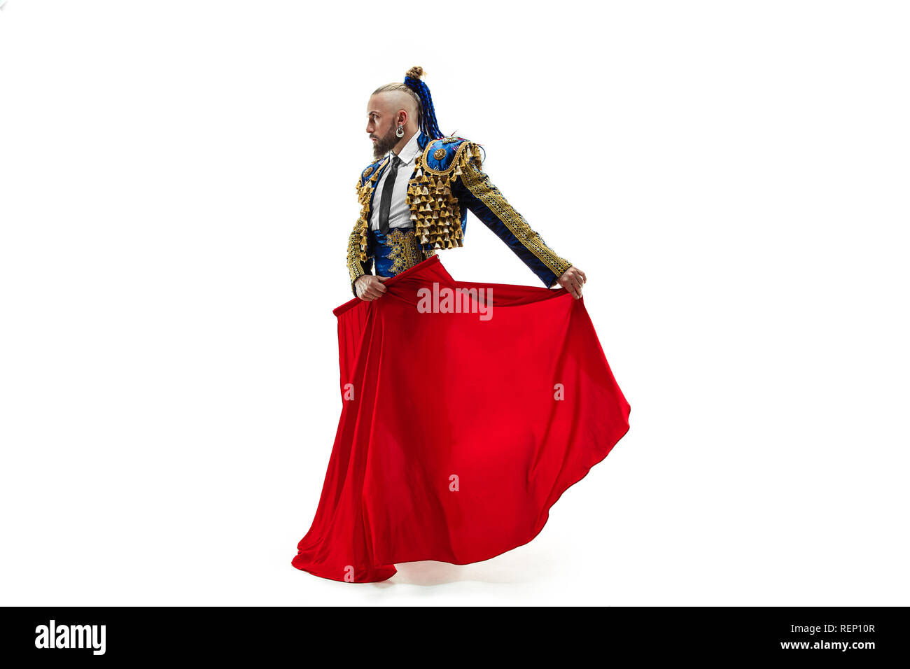 Torero in blue and gold suit or typical spanish bullfighter isolated ...