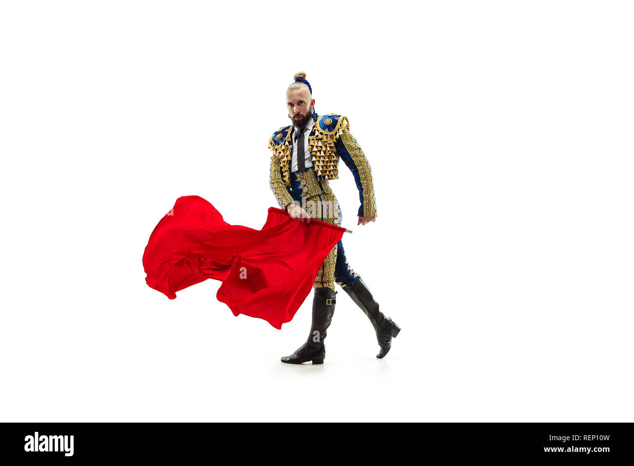 Torero in blue and gold suit or typical spanish bullfighter isolated ...