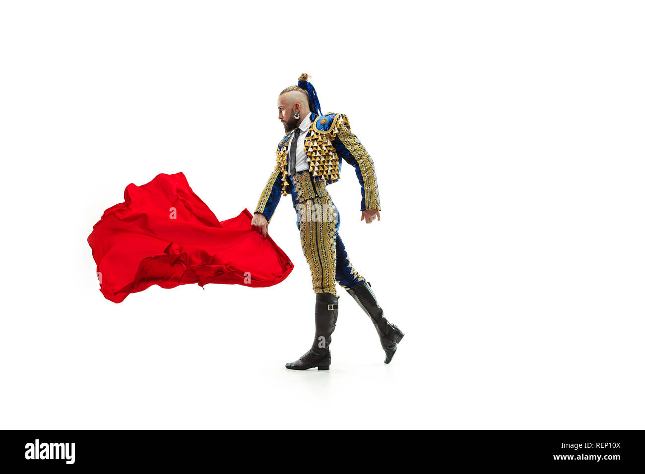 Torero in blue and gold suit or typical spanish bullfighter isolated ...