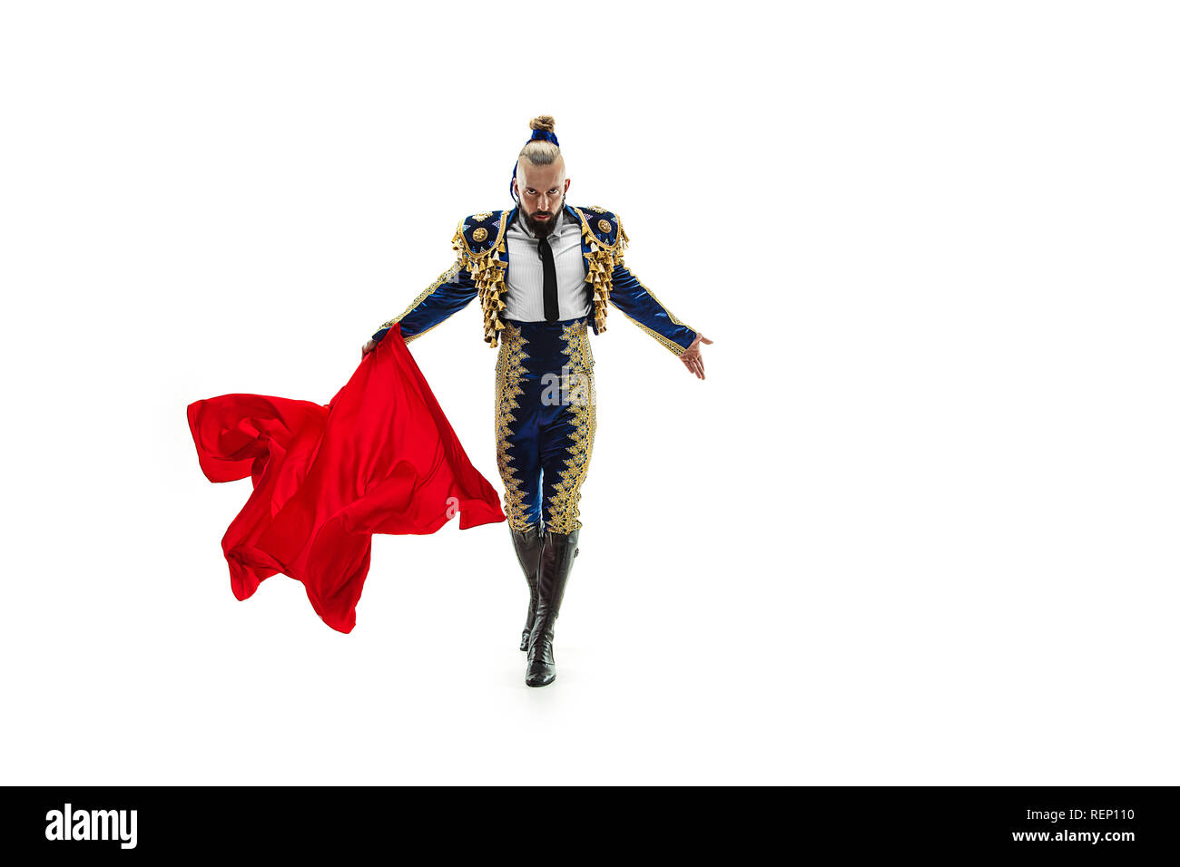Torero in blue and gold suit or typical spanish bullfighter isolated ...