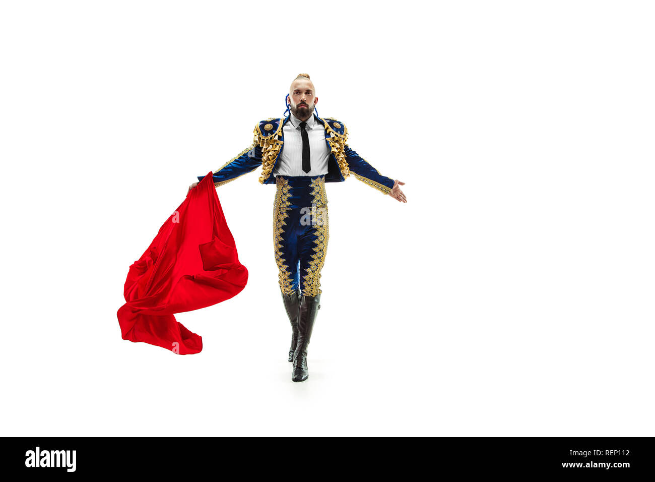 Torero in blue and gold suit or typical spanish bullfighter isolated ...