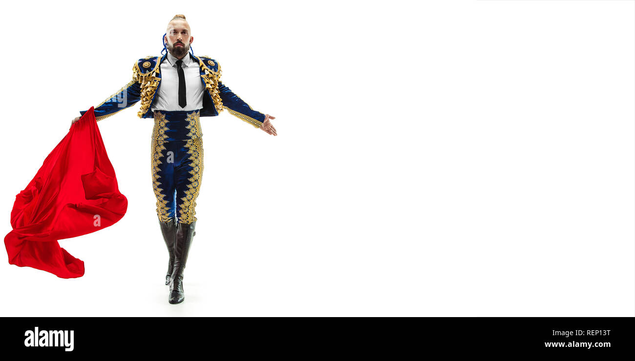 Torero in blue and gold suit or typical spanish bullfighter isolated ...