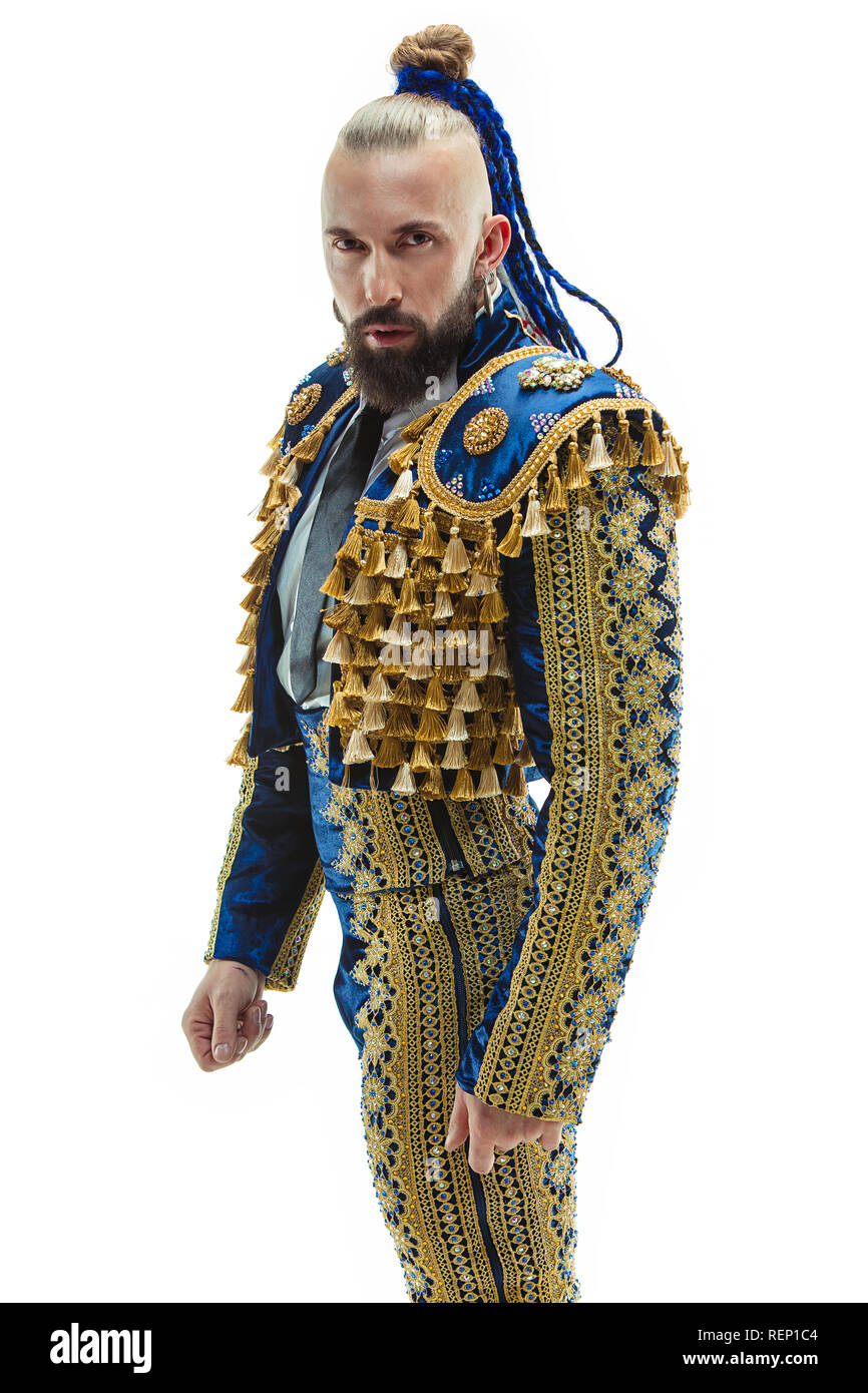 Torero in blue and gold suit or typical spanish bullfighter isolated ...