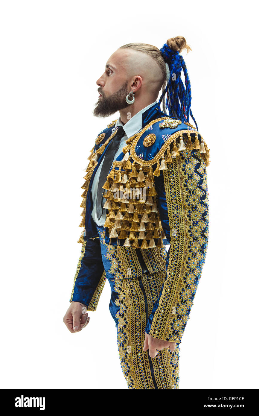 Torero in blue and gold suit or typical spanish bullfighter isolated ...